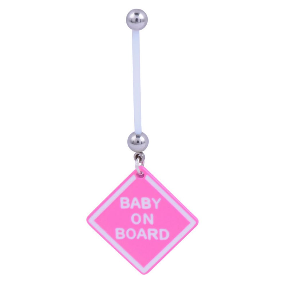 AKOAK Pink “Baby On Board” BioFlex Pregnancy Navel Dangle Belly Button Ring,Belly Button Ring Belly Ring Flexible Long Bar