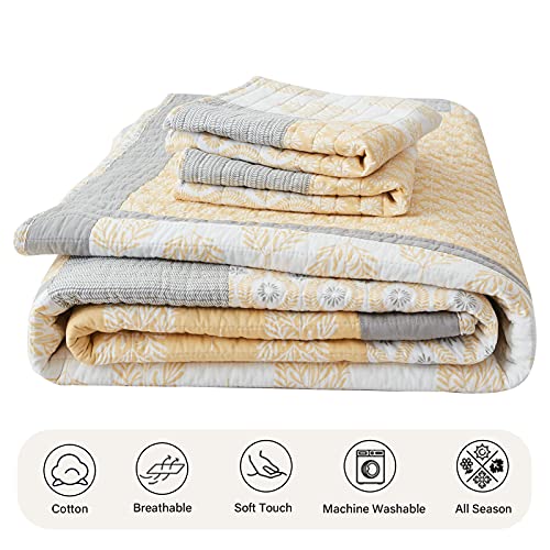 Finlonte Quilts Queen Size, 100% Cotton Lightweight Queen Quilt Set, Real-Patchwork Farmhouse Floral Quilted Bedspread, Yellow Grey White Reversible Soft Queen Quilt Bedding Set All Season, 3 Pieces