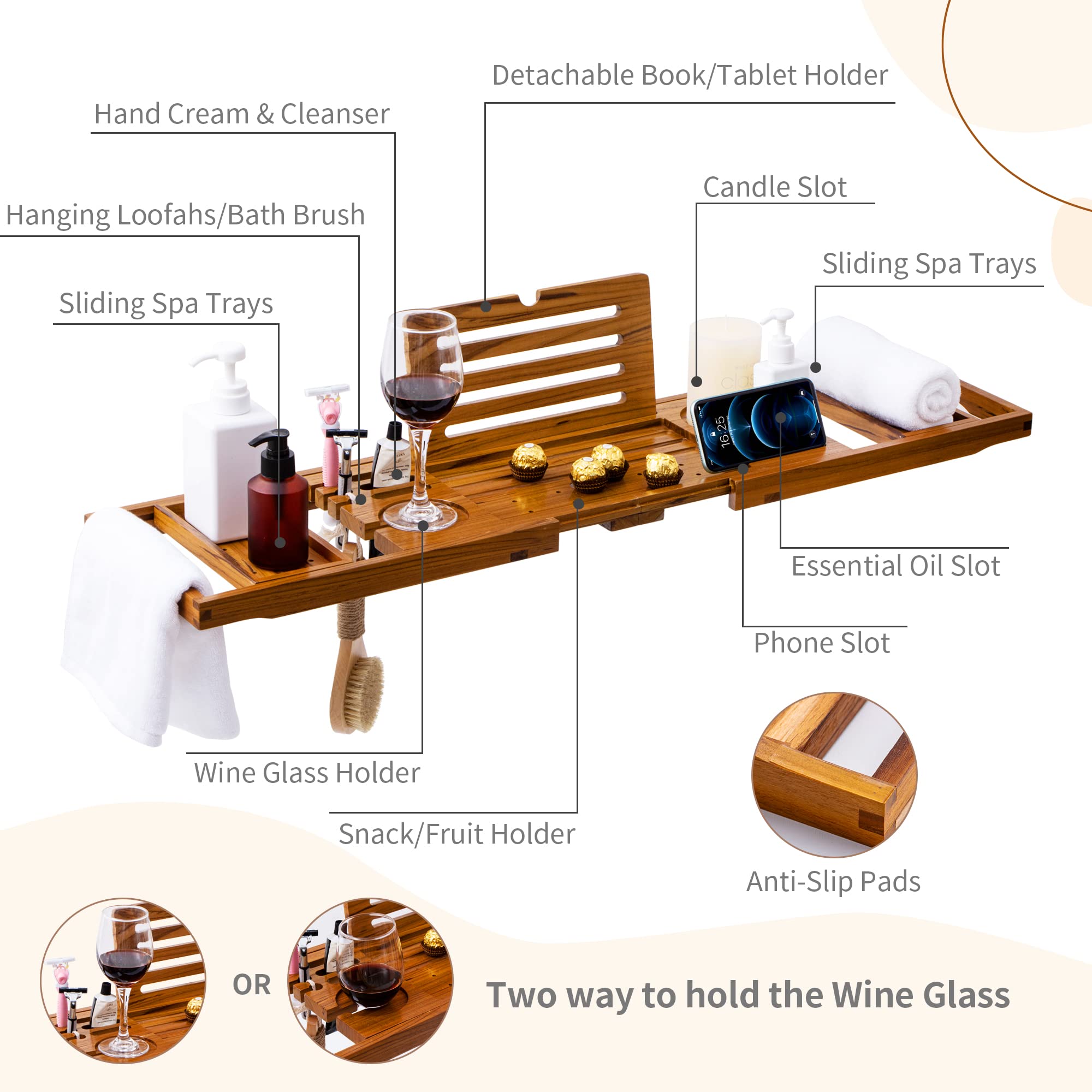 Axeman Teak Bathtub Tray - Bathtub Caddy for Luxury Bath Foldable Bath Tray Bath Tub Accessories with Expandable Handles Wine Glass Phone Holder Book Stand for Home Spa Relaxing and Reading,Natural