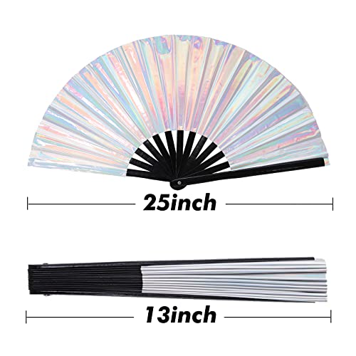 Gionforsy 1pcs Rave Hand Fan Bamboo Holding Hand Fan Large Folding Fan with Bright Color Fabric Folding Fan for Festival (1PC-Style4 Silver)
