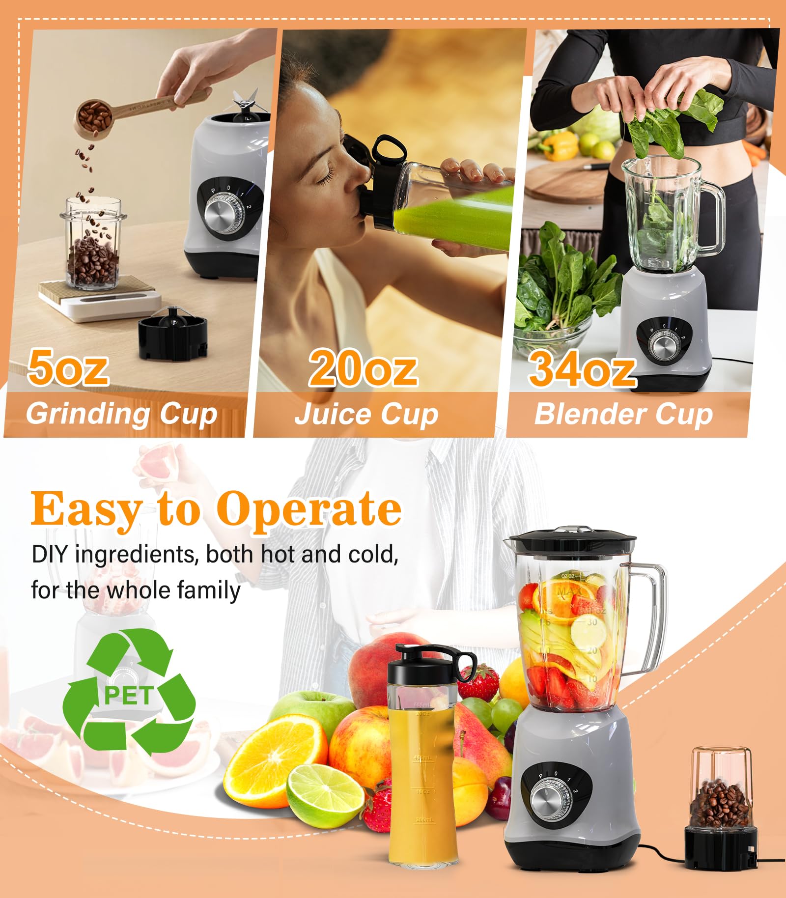 Blender for Smoothies, Personal Blender and Grinder Combo with No-BPA 34oz Blender Cup, 20oz To-Go Cup & Spout Lids, 5oz Grin