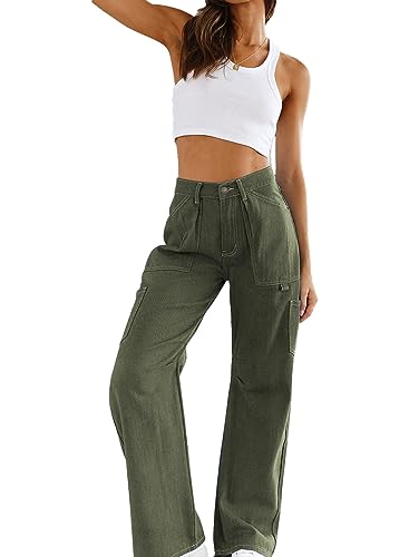 Dokotoo Ladies Corduroy Cargo Pants Wide Leg Baggy High Waisted with Pockets Comfy Casual Long Pants Utility Travel Trouser Plus Size,Green 10