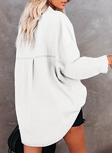Dokotoo Shacket Jacket Women V Neck Roll Up Long Sleeve Pocket Denim Jean Jacket Shirts Shacket Casual Solid Boyfriend Button Down Blouses with Bust Pockets White L