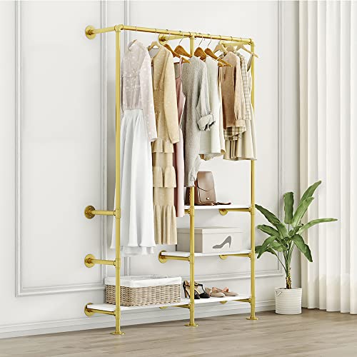 HEONITURE Gold Clothing Rack with 3-Tier Shelves, Multi-Purpose Heavy Duty Industrial Pipe Clothes Rack, Wall Mounted Garment Hanging Rods for Closet and Bedroom (Gold)