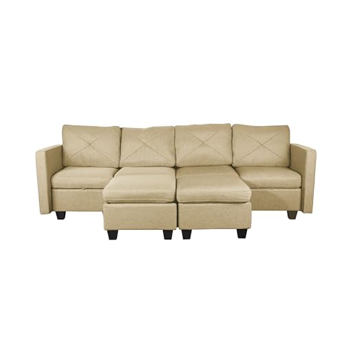 Casa Andrea Milano Modular Sectional Sofa, Linen Fabric Convertible U Shaped Couch with Storage, 6 Seat Modular Sectionals Sofa Couch with Chaise for Living Room