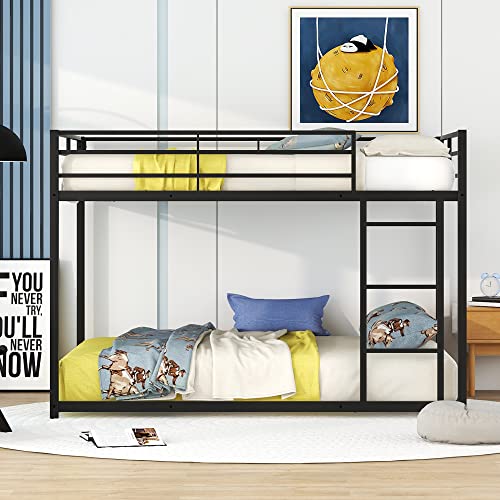 Full Over Full Metal Bunk Bed, Low Bunk Bed with Ladder for Kids Toddlers Teens, No Box Spring Needed, Black