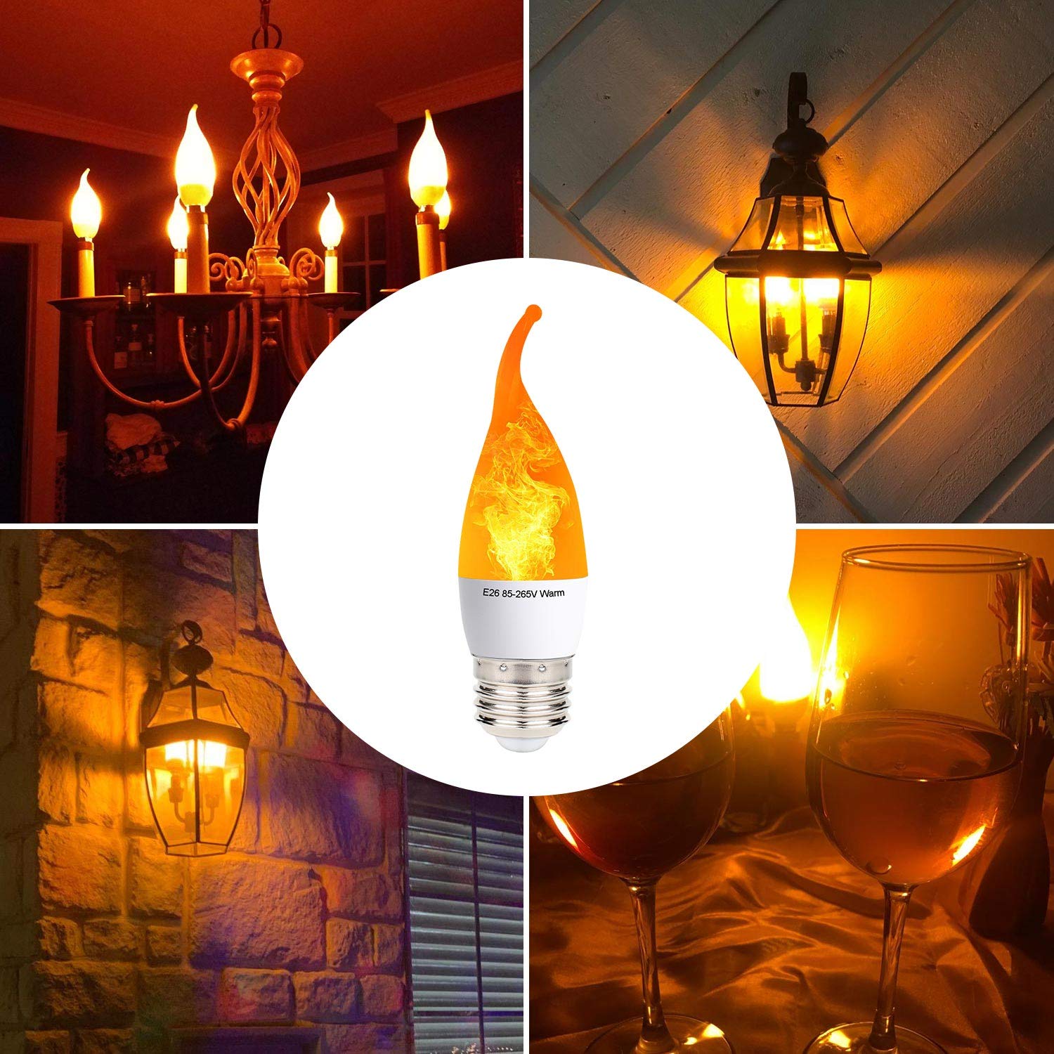 BAILAOYE 4 Pack LED Simulated Fire Flicker Flame Light Bulb, 3 Modes (Emulation General Breathing) 2W 1800K Warm White, E26 Base Fire Light Bulbs with Gravity Sensor for Home Bar Party Decorations