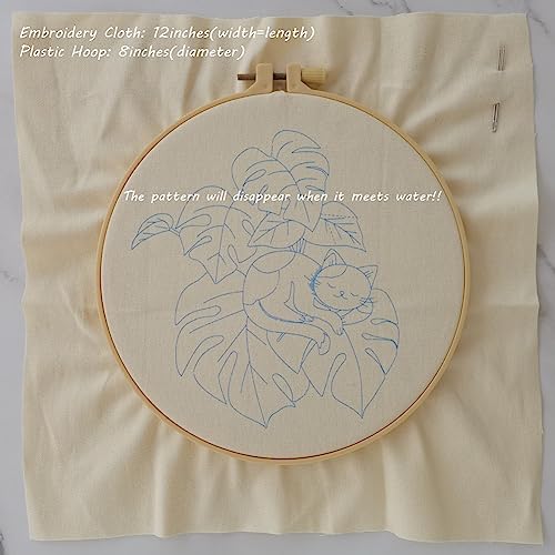 Embroidery Starter Kit for Adults Beginners with Sleepy Cat Green Plant Leaves Pattern Stamped Cross Stitch Set with Embroidery Cloth Hoop Needles Threader Colorful Floss and Instruction