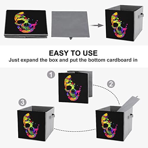 Colorful Skull Foldable Storage Bins Printd Fabric Cube Baskets Boxes with Handles for Clothes Toys, 11x11x11