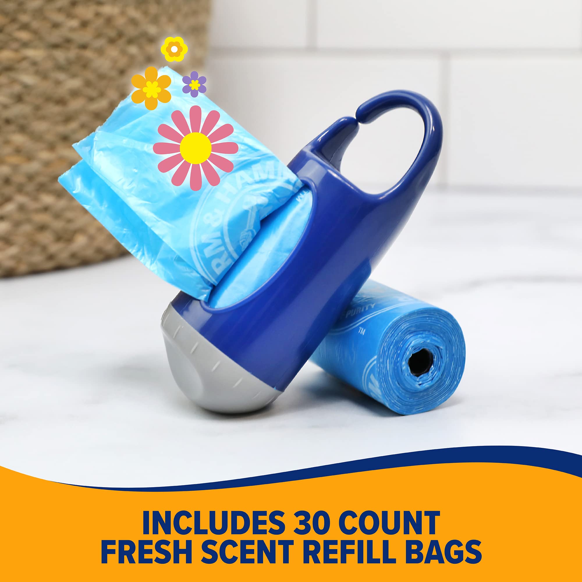 Arm & Hammer Dog Poop Bag Dispenser With 30 Count Dog Poop Bags With Activated Baking Soda, 9 x 14 Inches, Black