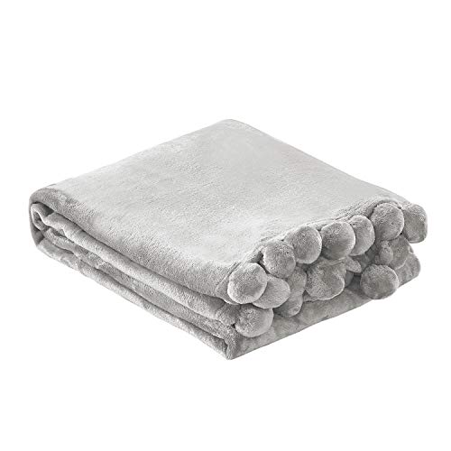 Home Soft Things Pompom Bed Couch Throw Blanket, 50'' x 60'', Silver Grey, Fuzzy Soft Comfy Warm Decorative Throw Blanket for Living Room Bedroom Suitable for All Seasons