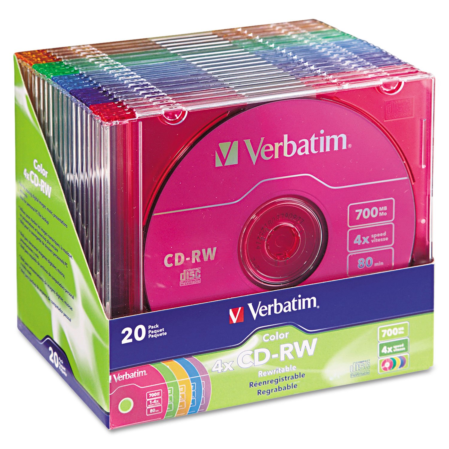 Verbatim CD-RW Disc Spindle, Assorted Colors, Pack of 20