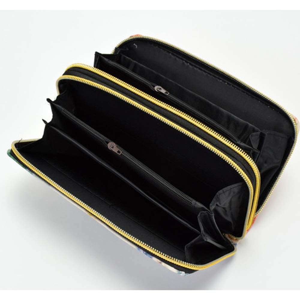 Ethnic Minority Style Double-Sided Embroidered Wallet, Special Peacock Embroidery, Long Zipper, Hand Wallet Mobile Phone Bag (Black)