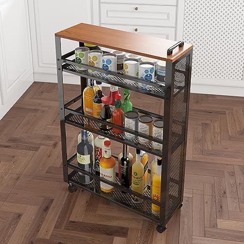 fusehome 2023 New, Slim Kitchen Storage Cart, 3-Tier Metal Rolling Utility Cart Mesh Basket, Multifunction Wire Basket Shelf Trolley for Home Laundry, Bathroom, Living Room, Black