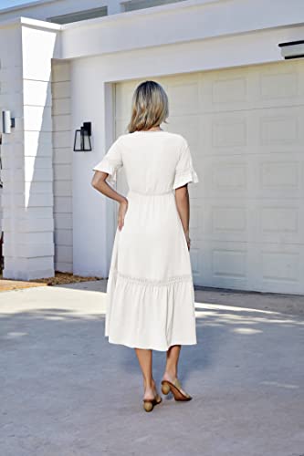 GRACE KARIN Women's V Neck Short Bell Sleeve Smocked Tiered Dress Elastic Waist Lace Patchwork Ruffle Dress White XL