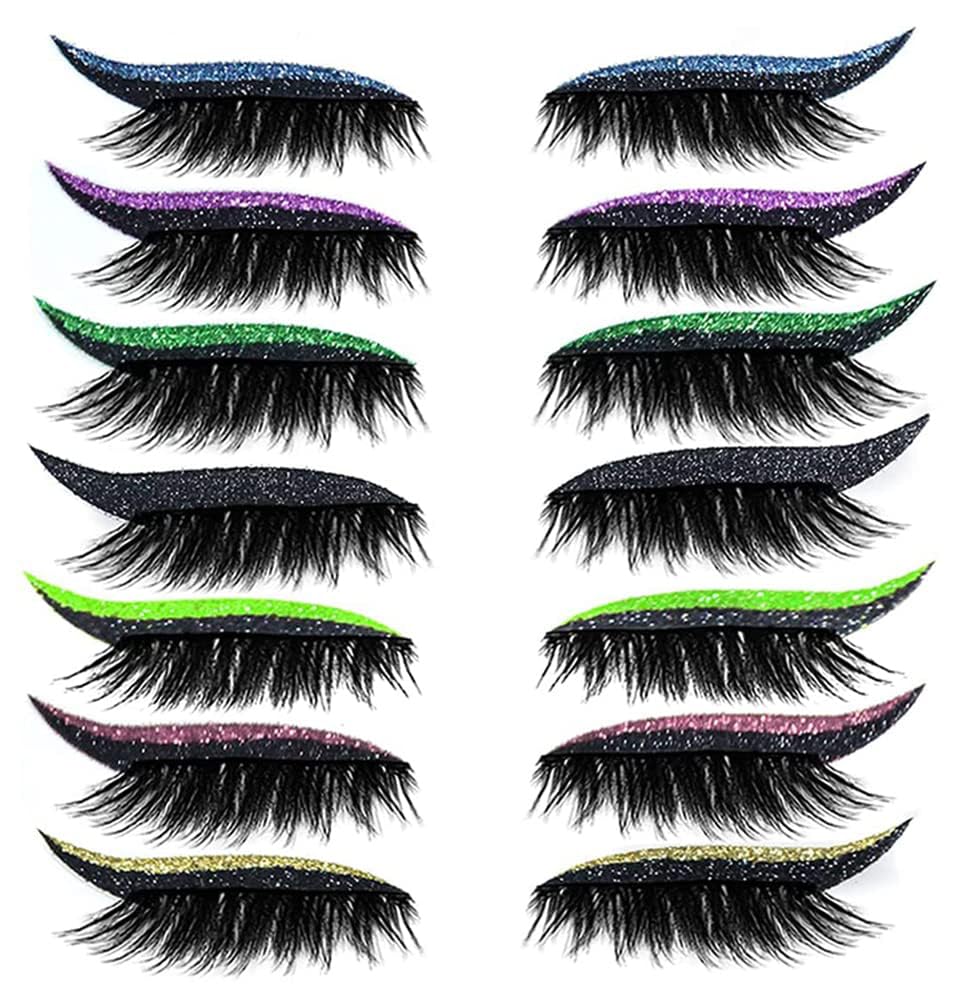 False Eyelashes,Reusable Eyeliner and Eyelash Stickers 7 Color Waterproof Sticker Eyelashes,Easy to Wear and Remove,Women Make Up Glitter Lashes (A Set of Seven Colors)