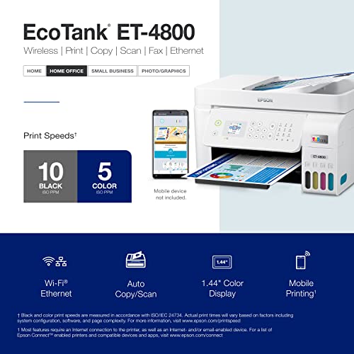 Epson EcoTank ET-4800 Wireless All-in-One Cartridge-Free Supertank Printer with Scanner, Copier, Fax, ADF and Ethernet β Ideal-for Your Home Office, White