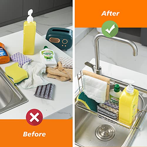 HOOOKIMM Kitchen Sink Sponge Caddy Stainless Steel, Kitchen Sink Organizers for Sponges and Towels, Sponge Caddy for Kitchen Sink, Sink Storage Rack Holder, Rustproof, and Non-Slip.