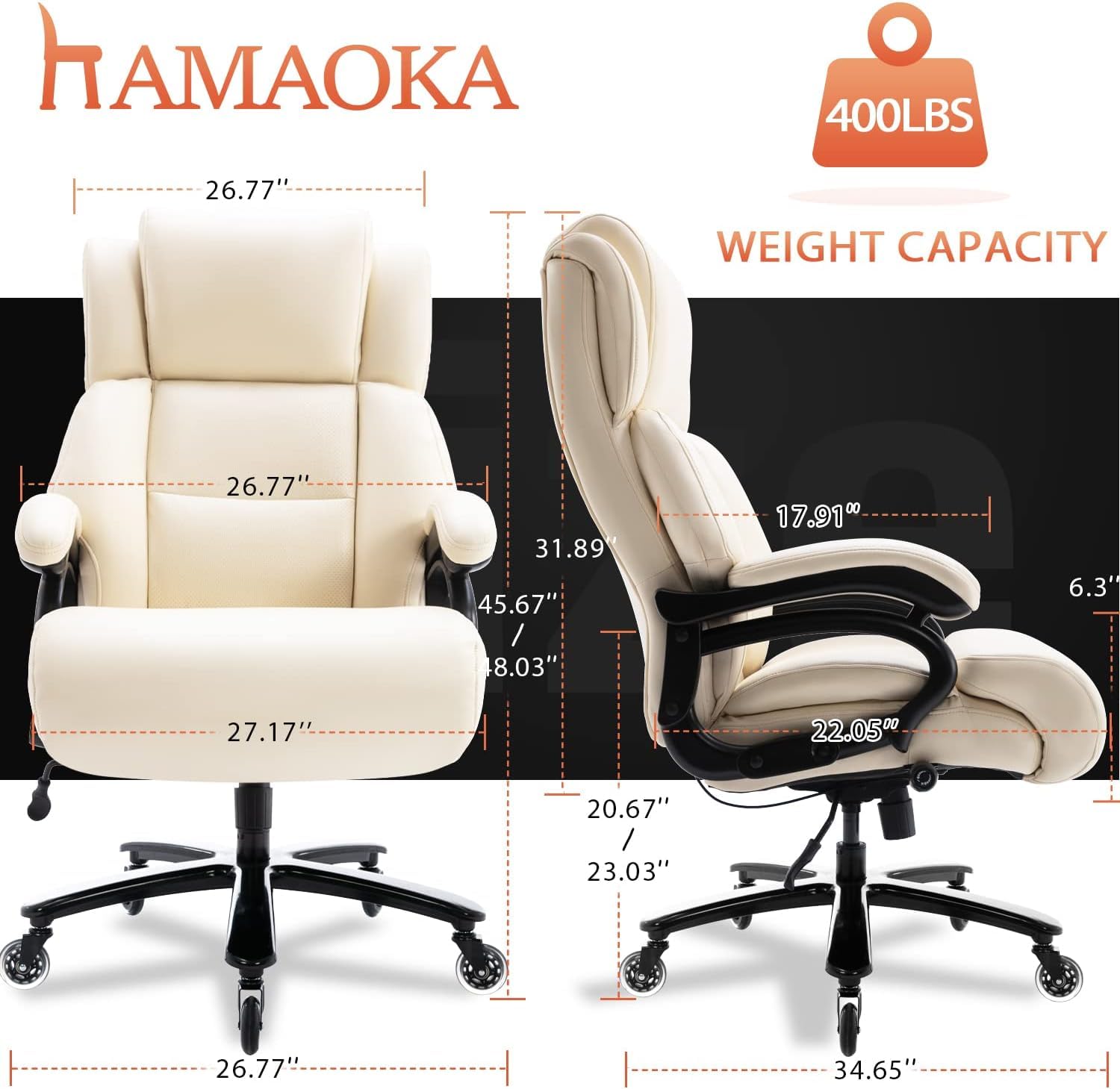 Big and Tall 400lbs Office Chair - Adjustable Lumbar Support Heavy Duty Metal Base Quiet Rubber Wheels High Back Large Executive Computer Desk Swivel Chair, Ergonomic Design for Back Pain, Beige