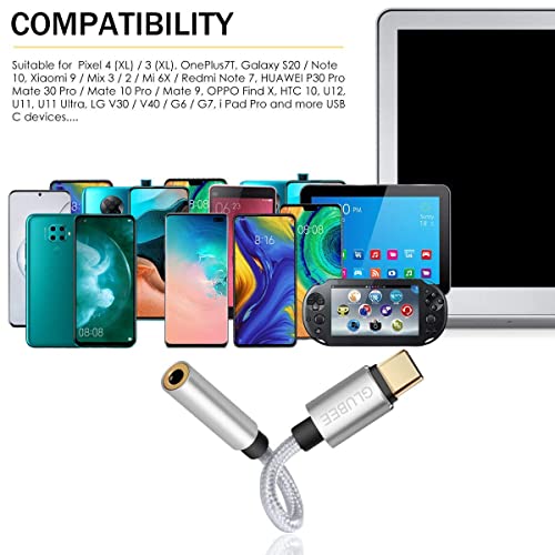 GLUBEE USB C to 3.5mm Audio Adapter 96 KHz Hi-Res Type C to 3.5mm DAC of Type C to Aux Compatible with Galaxy X6/F13/S20 FE Pixel 6/5 Pad Pro/MacBook and More USB-C Devices (3 Pcs, Silver)