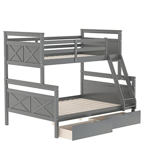 GLORHOME Twin Over Full Bunk Bed with 2 Storage Drawers, Solid Wood Bed Frame with Safety Rail and Ladder, Kids/Teens Bedroom, Guest Room Furniture, Can Be Converted into 2 Beds, Grey