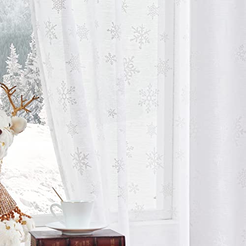 COLLACT White Sheer Curtains Snowflake Sheer Curtains for Living Room Rod Pocket Curtains for Window 84 Inch Long 2 Panel Set Modern Sheer White Curtain Set