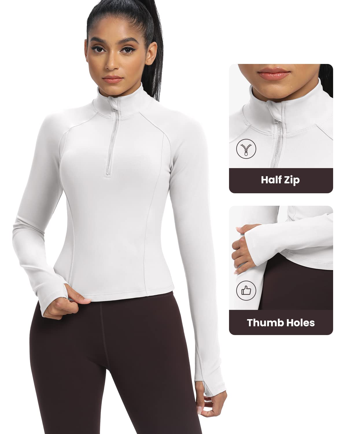 AVGO Workout Jackets for Women Slim Fit Cropped Running Jackets with Thumb Holes Half Zip Athletic Tops(White ,X-Small)