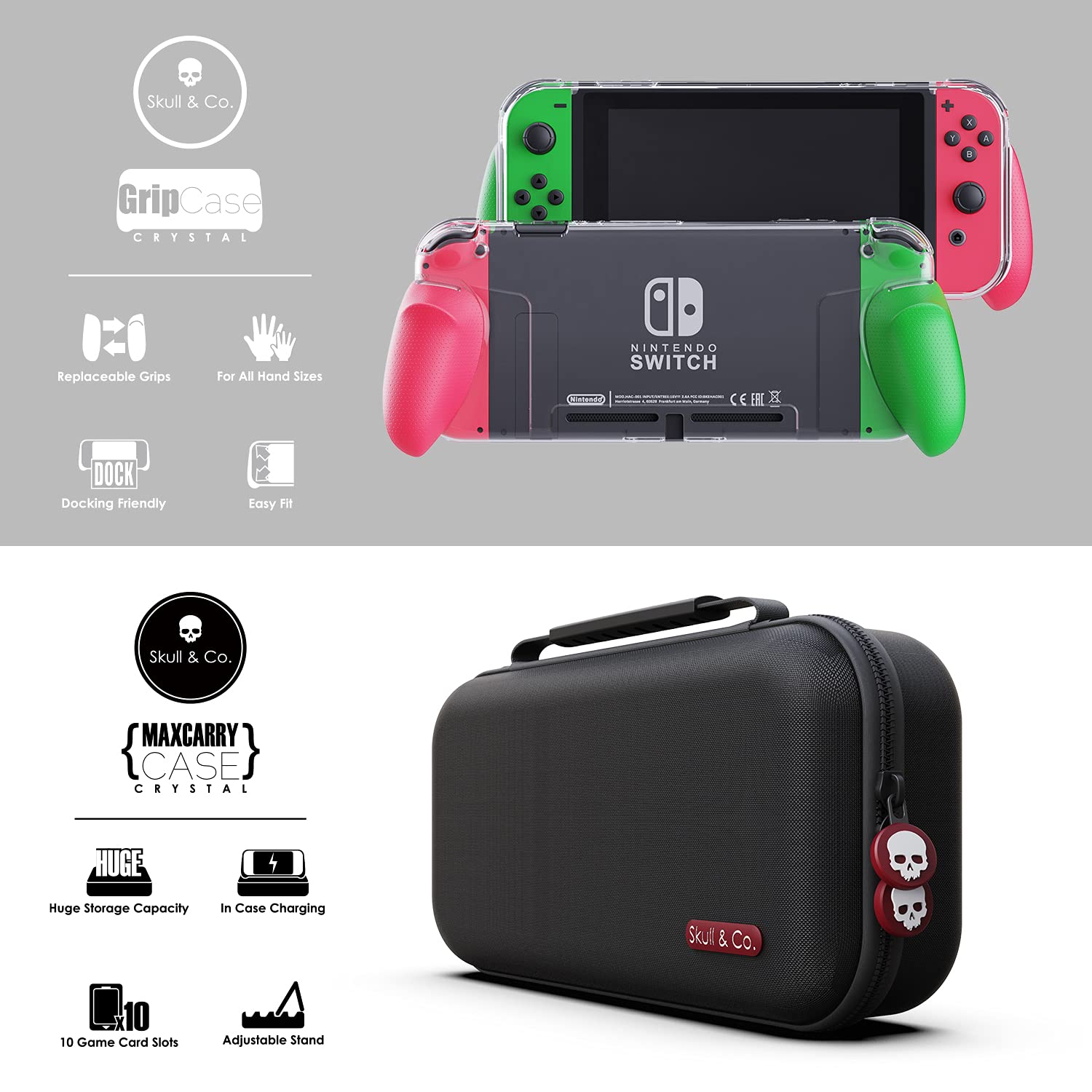 Skull & Co. GripCase Crystal Bundle: A Dockable Transparent Protective Cover Case with Replaceable Grips [to fit All Hands Sizes] for Nintendo Switch -Neon Pink & Green