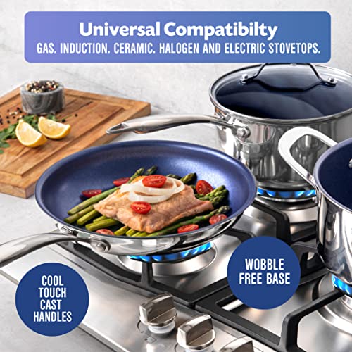 Granitestone 10 Inch Non Stick Frying Pan Nonstick Stainless Steel Pan with Diamond Coating for Long Lasting Nonstick Frying Pan Skillet for Cooking, Induction/Oven/Dishwasher Safe, Non Toxic - Blue