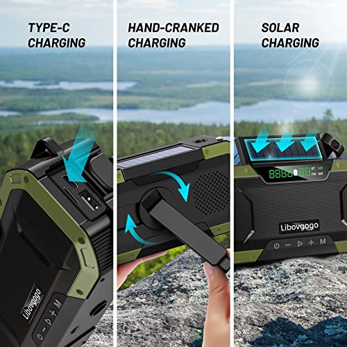 Emergency Radio Waterproof Bluetooth Speaker,Portable Digital AM FM Radio with Flashlight,Reading Lamp,Hand Crank NOAA Weather Radio with Solar Panel,5000mAH Cell Phone Charger,Emergency Survival Kit