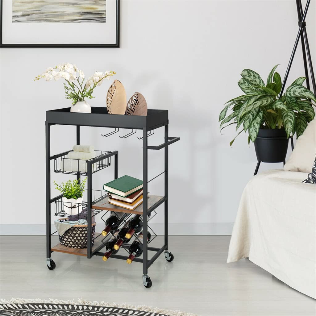 BHVXW 4-Tier Kitchen Bar Cart Rolling Serving Trolley Wine Rack Removable Tray Basket