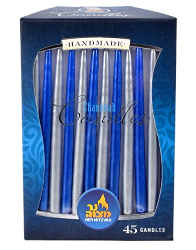 Dripless Chanukah Candles Standard Size - Metallic Blue & Silver Hanukkah Candles Fits Most Menorahs - Premium Quality Wax - 45 Count for All 8 Nights of Hanukkah - by Ner Mitzvah