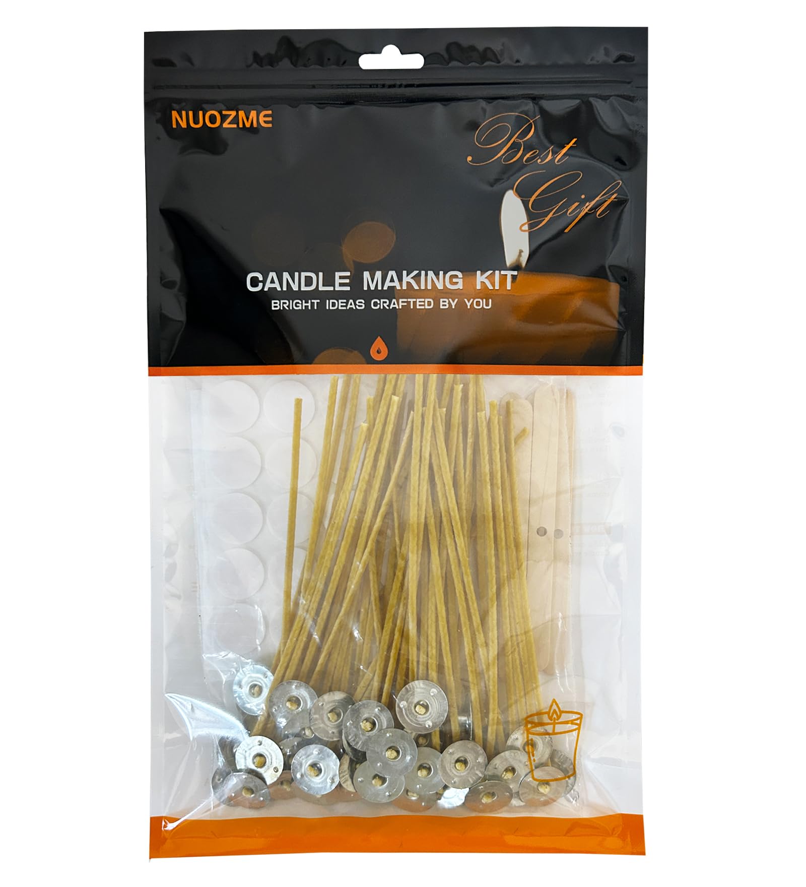 Nuozme 50 Pcs 6" Natural Candle Wicks,Pre-Waxed by 100% Beeswax & Tabbed with 60Pcs Candle Wick Stickers and 5 Pcs Wooden Candle Wick Centering Device, for Candle Making,Candle DIY