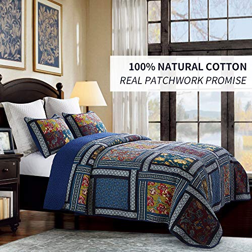 DECMAY 100% Cotton California King Quilt - Oversized King Bedspread, Handmade Real Patchwork Quilts for All Season, Lightweight Country Quilt Sets with 2 Pillowcase