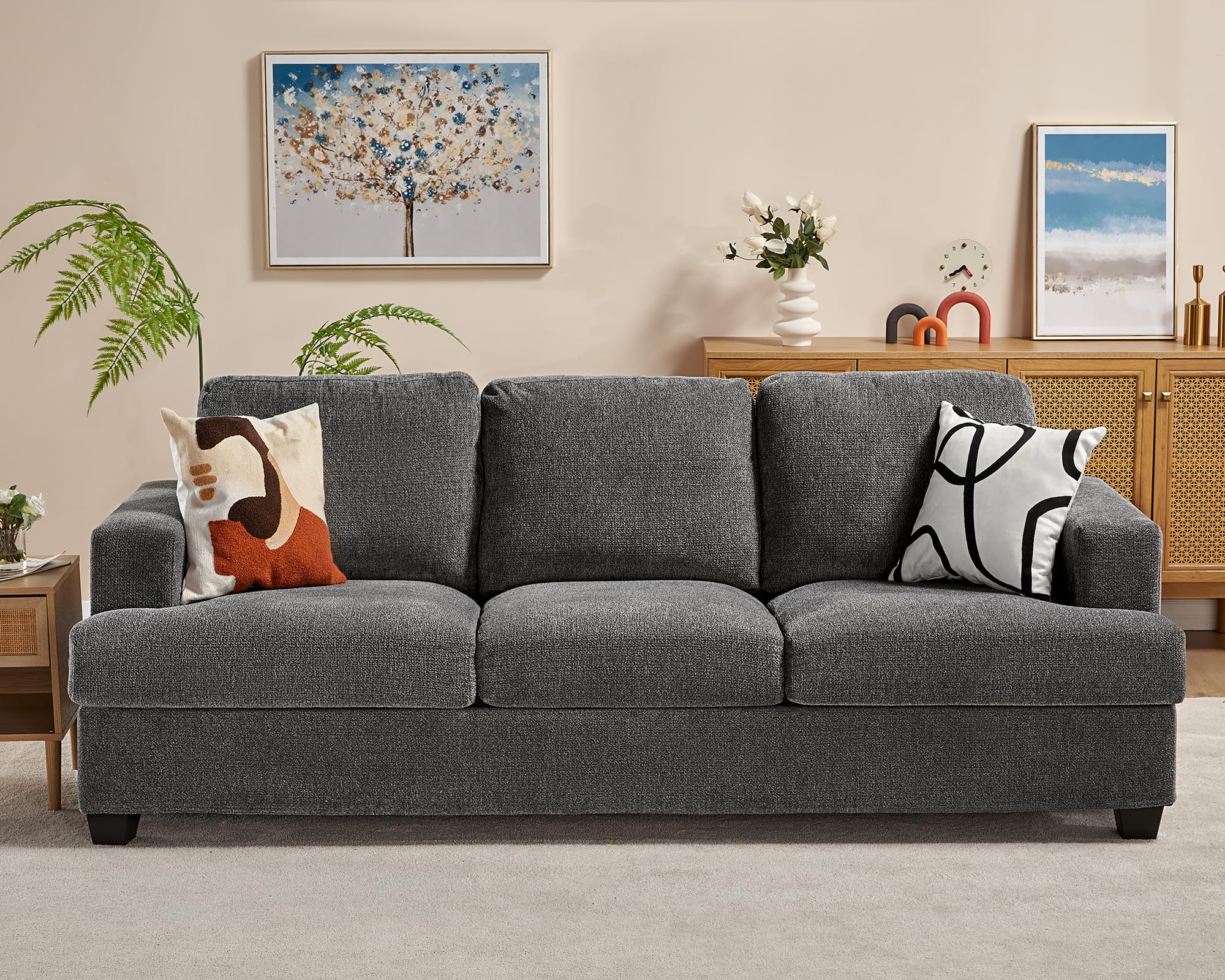 papababe Sofa, 3 Seater Modern Couches with Extra Deep Seats, 89" Wide Comfy Couches for Living Room, Bedroom(Grey,Chenille)