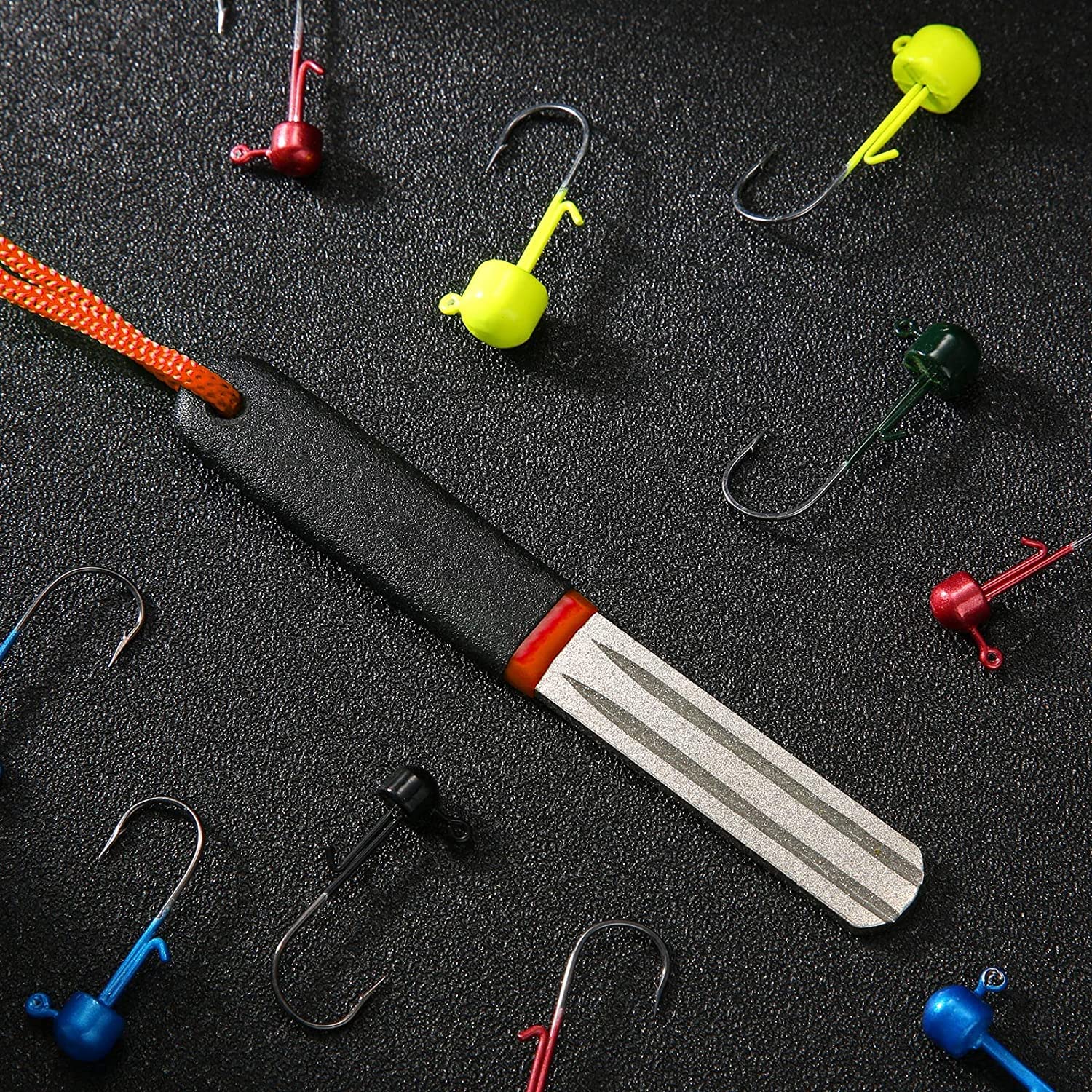 Armiika Fish Hook Sharpeners, 4 Inch Portable Double Groove Fishing Hook Sharpening Hone Hook Sharpener Hook File with Handle,Double Sided Diamond Handle Fine and Medium Grit Grinding Tool