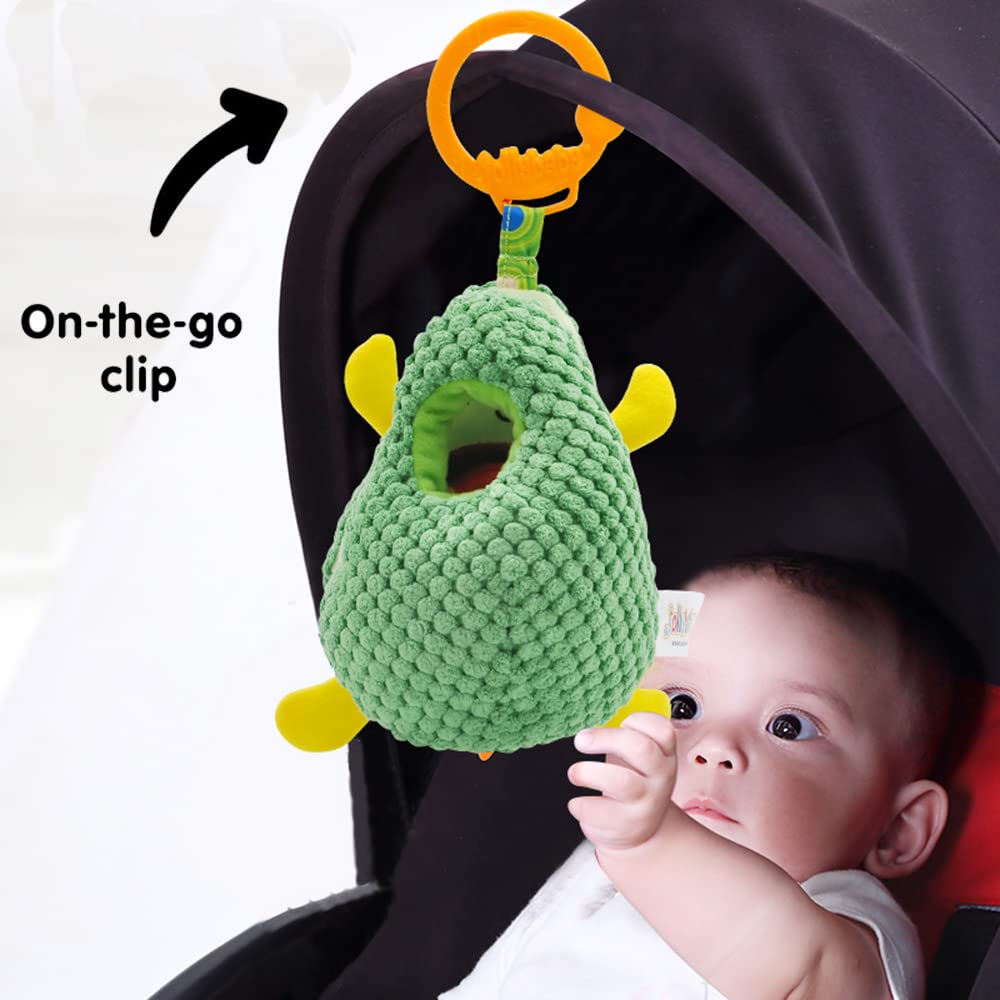 Avocado Stroller Toy with Peekaboo Caterpillar and Mirror, Soft Hanging Rattle & Crinkle Set, Sensory Plush Rattle Toy, Caterpillar Eating Avocado