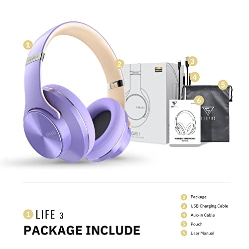 DOQAUS Bluetooth Headphones Over Ear, 52 Hours Playtime Wireless Headphones with 3 EQ Modes, Noise Isolating HiFi Stereo Headphones with Deep Bass, Microphone, Soft Earpads for Cellphone/PC (Purple)