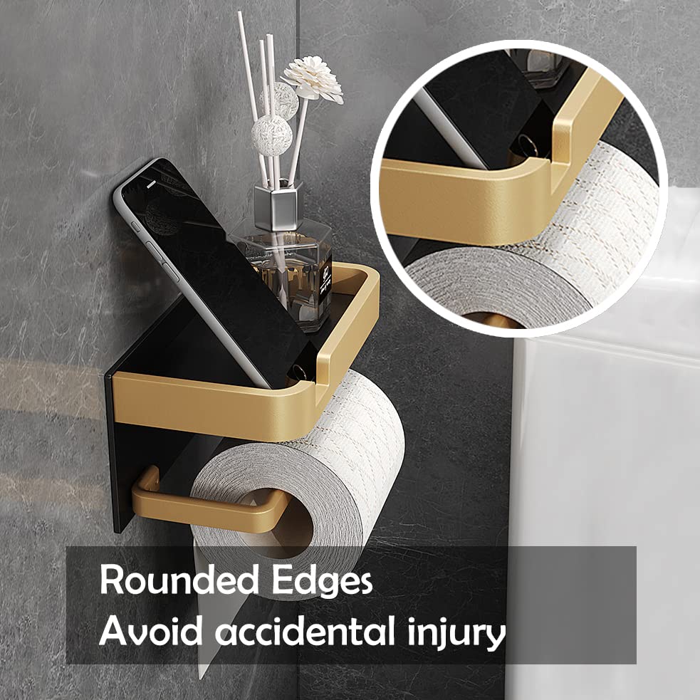 ROZZWILD Toilet Paper Holder with Shelf Adhesive Wall Mounted No Drill Aluminium Alloy Stainless & Rustproof Toilet Paper Roll Dispenser Bathroom Organizer Storage Rack Matte Black Gold