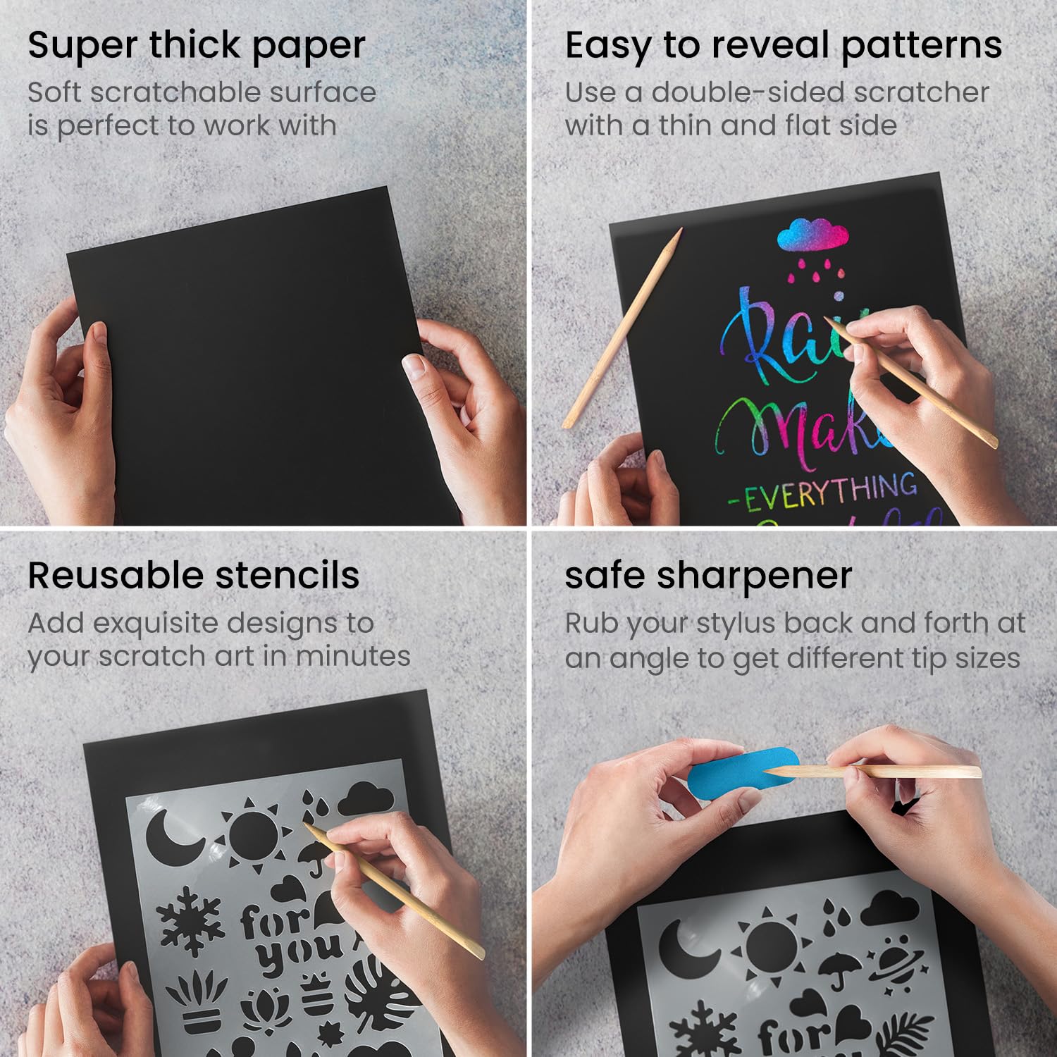 ARTEZA Scratch Paper, Set of 42 Sheets, 10.9 x 8.2 Inches, Includes 4 Unique Patterns, 4 Scratchers, 4 Stencils, 4 Post Cards
