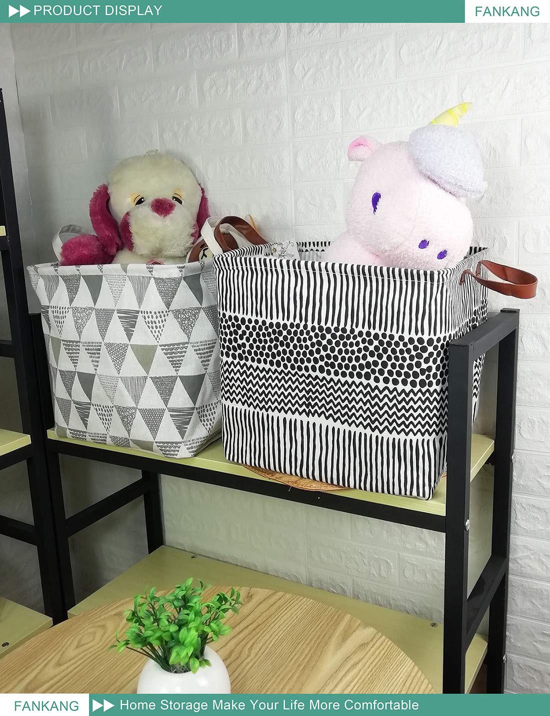 FANKANG Square Nursery Hamper Storage Bins Canvas Laundry Basket Foldable with Waterproof PE Coating Storage Baskets Gift Baskets for Children, Office, Bedroom, Clothes(Square-Black Lines )