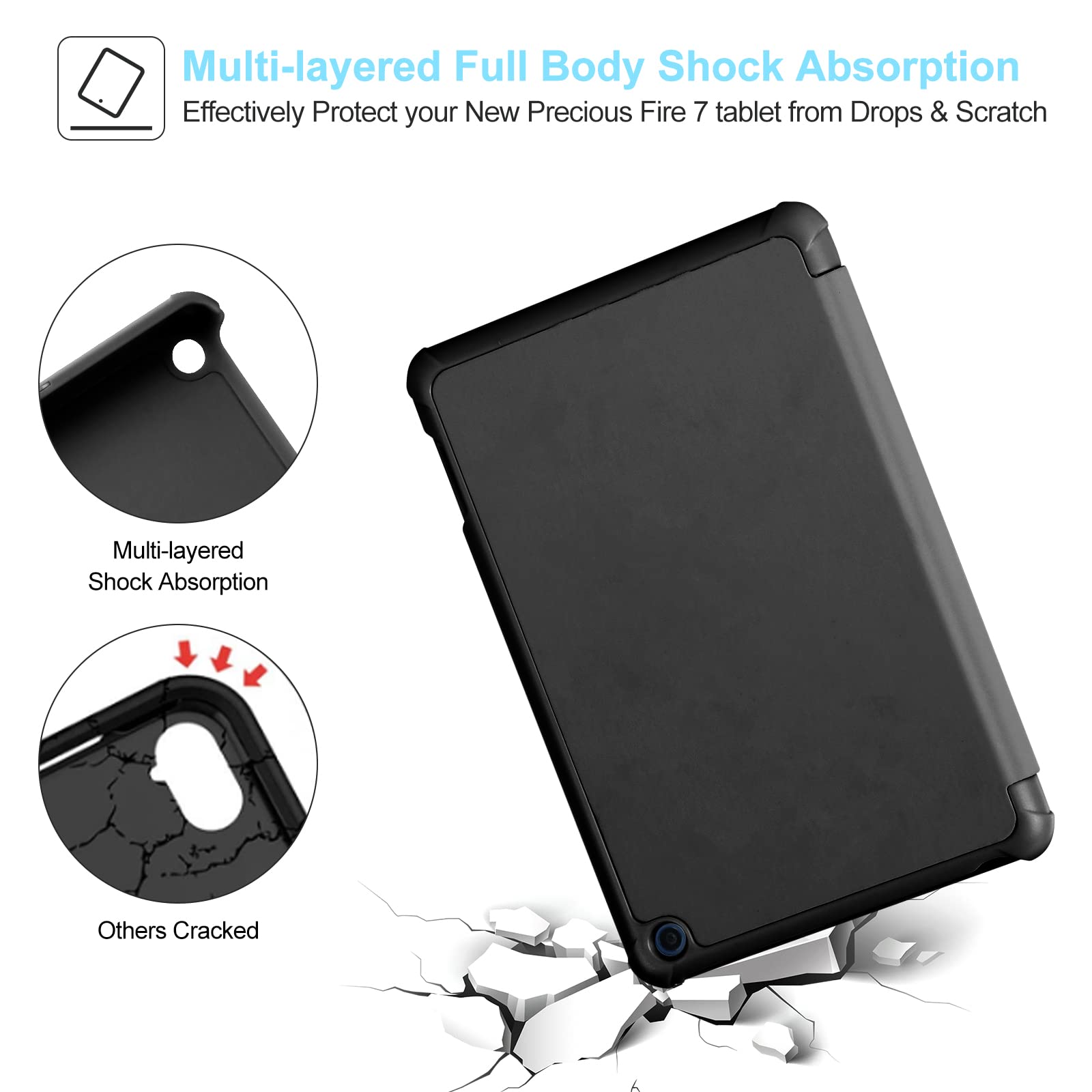Case Fits Amazon All-New Kindle Fire 7 Tablet (2022 Release-12th Gen) Latest Model 7",Trifold Stand - Ultra Light Slim Fit Protective Cover with Auto Wake/Sleep (Black)