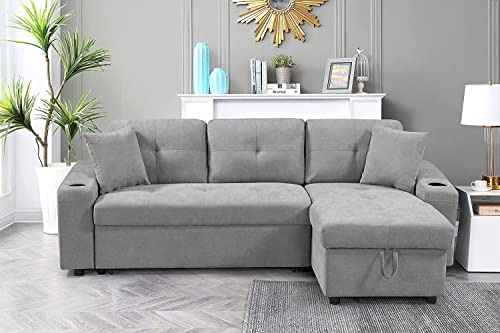 GAOPAN Modern Linen Sectional Sleeper Sofa Bed Convertible L-Shape Couch with Storage Chaise Lounge,Side Pockets,Cup Holders,2 Pillows for Living Room Apartment Furniture, Light Gray
