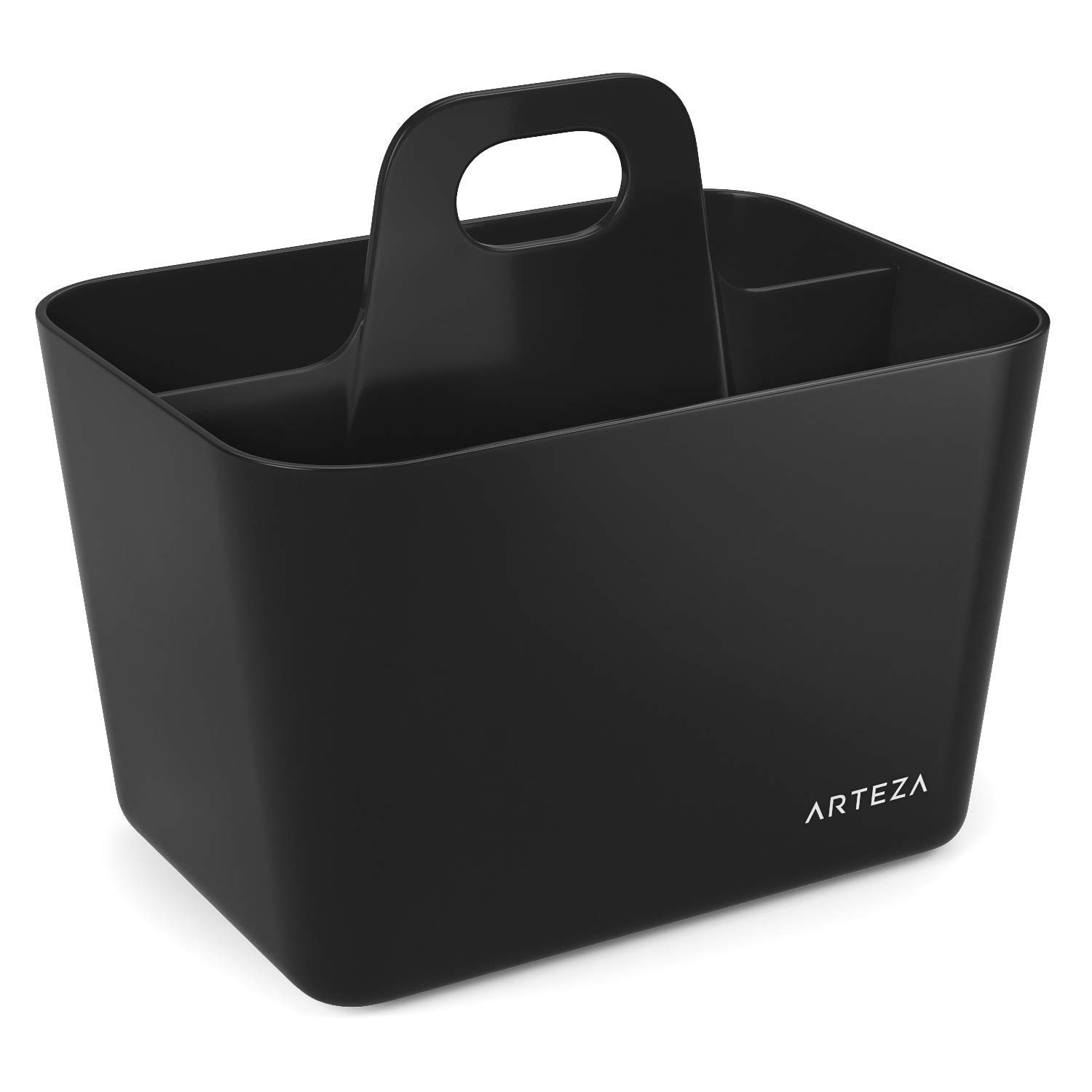 Arteza Storage Caddy, Black 3-Compartment Plastic Mini Caddy Organizer, Stackable Design with Divider Partitions, for Makeup and Art Supplies