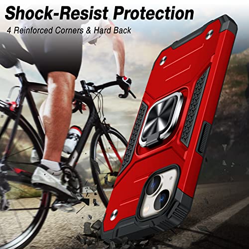 JAME for iPhone 14 Case with Screen Protector [2 PCS], Shockproof Bumper Case for iPhone 14 Case for Women & Men, Heavy-Duty Protection with Metal Ring Kickstand Case for iPhone 14, Red