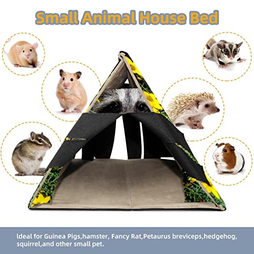 enheng Small Pet Hideout Raccoon Sitting Yellow Flowers Hamster House Guinea Pig Playhouse for Dwarf Rabbits Hedgehogs Chinchillas