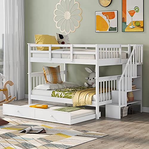 Full Over Full Bunk Bed with Trundle, Wood Full Bunk Bed with Storage Shelves, Full Over Full Bunk Bed Frame with Guardrails and Stairs for Kids Teens Adults, Can be Convertible into 2 Beds, White