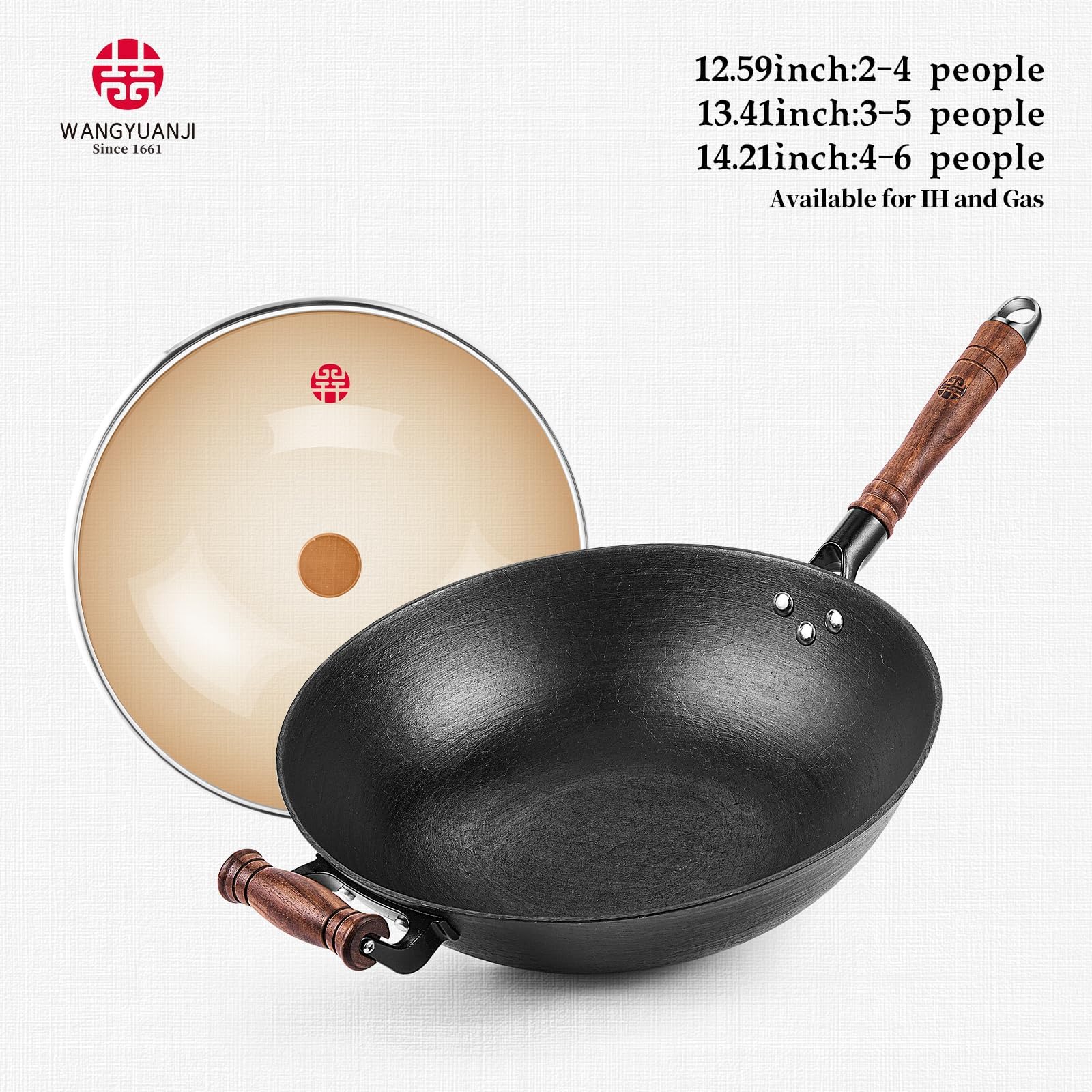 WANGYUANJI Cast Iron Wok,12.59'' Flat Bottom Wok with Glass Lid,Suitable for All Cooktops, Uncoated Craft Wok Healthy Cooking Wok