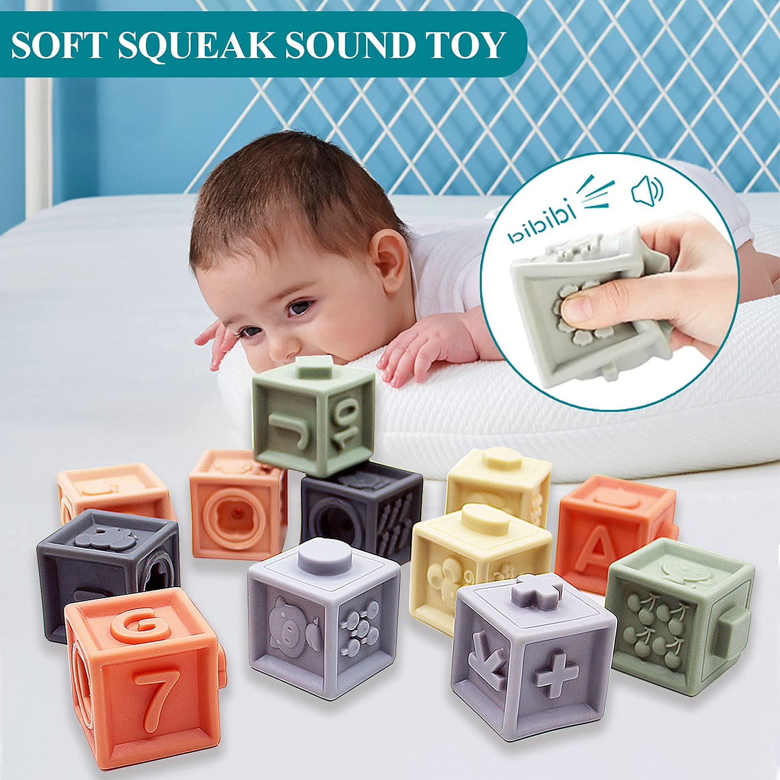 Kingtree Baby Blocks (Set of 12), Soft Silicone Building Blocks Squeeze Stacking Toys for 6+ Months Babies, Colorful Early Educational Puzzle Toy for Toddlers with Numbers Animals Shapes Textures