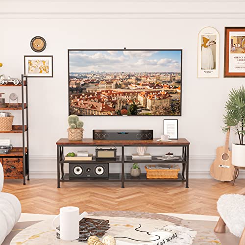 Furologee TV Stand for 60 65 inch TV, Long 55" Entertainment Center with 3-Tier Open Storage Shelves, Industrial TV Console Table for Living Room, Rustic Brown